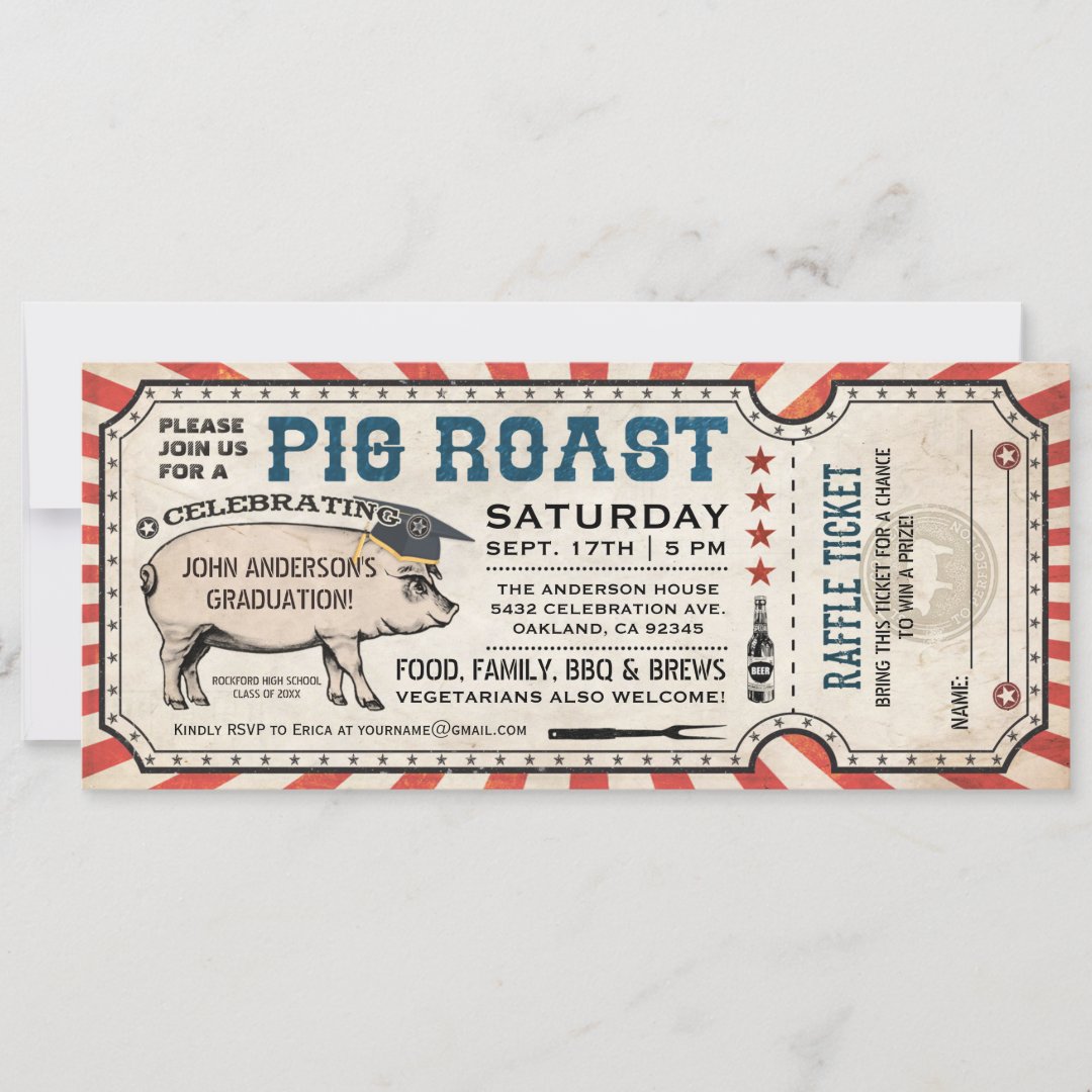 Pig Roast Graduation Invitations w/ Raffle Ticket | Zazzle