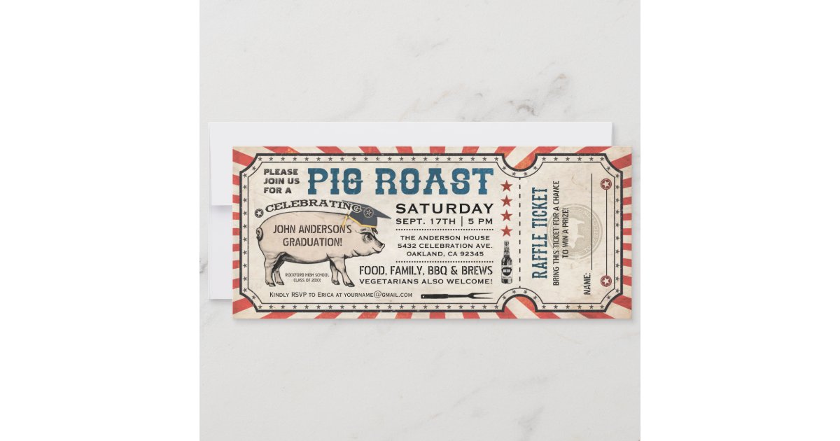 Pig Roast Graduation Invitations w/ Raffle Ticket | Zazzle