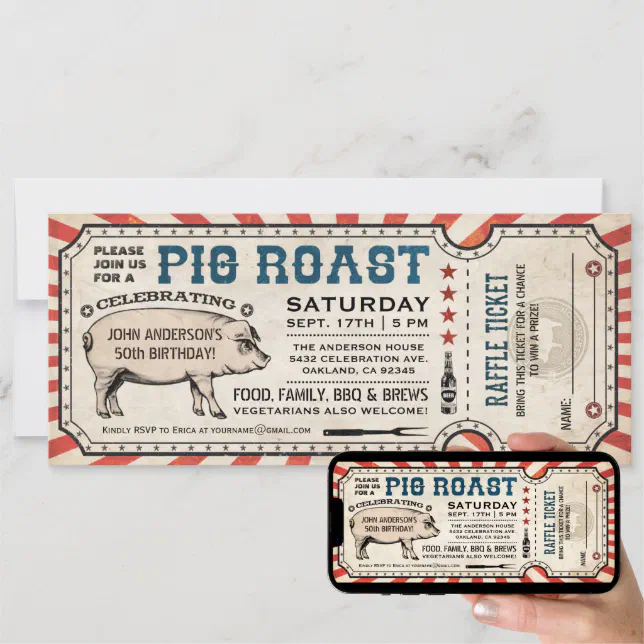 Pig Roast Invitations with Raffle Ticket | Zazzle