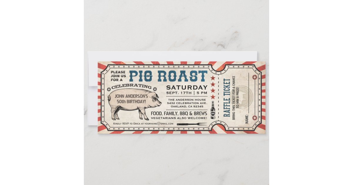 Pig Roast Invitations with Raffle Ticket | Zazzle