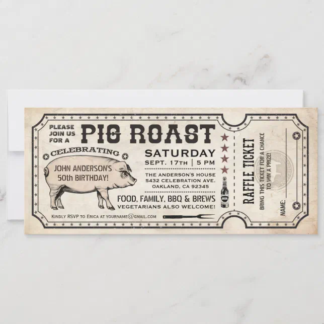 Pig Roast Ticket Invitations with Raffle Ticket v1 | Zazzle