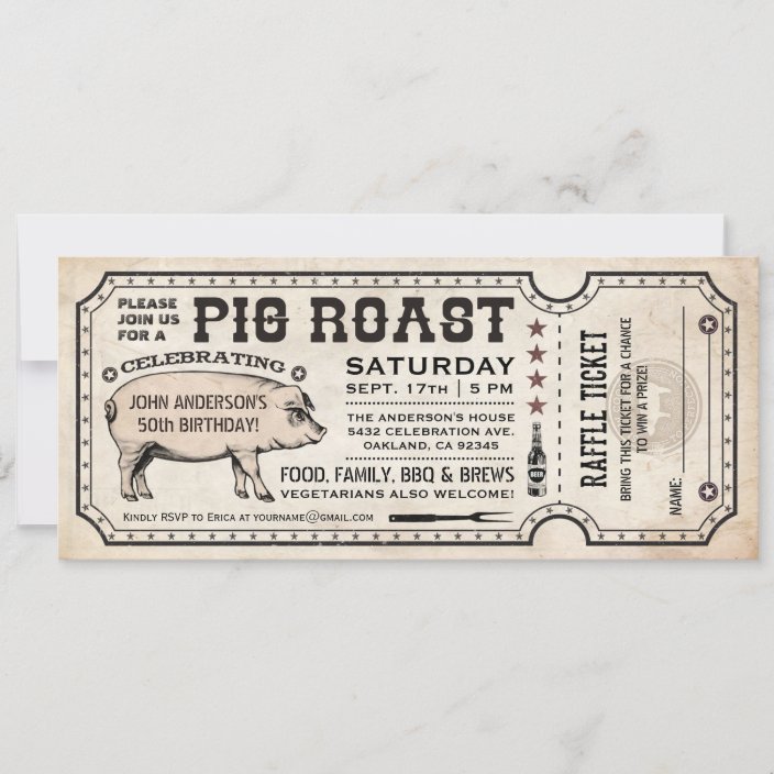 Pig Roast Ticket Invitations with Raffle Ticket v1 | Zazzle.com