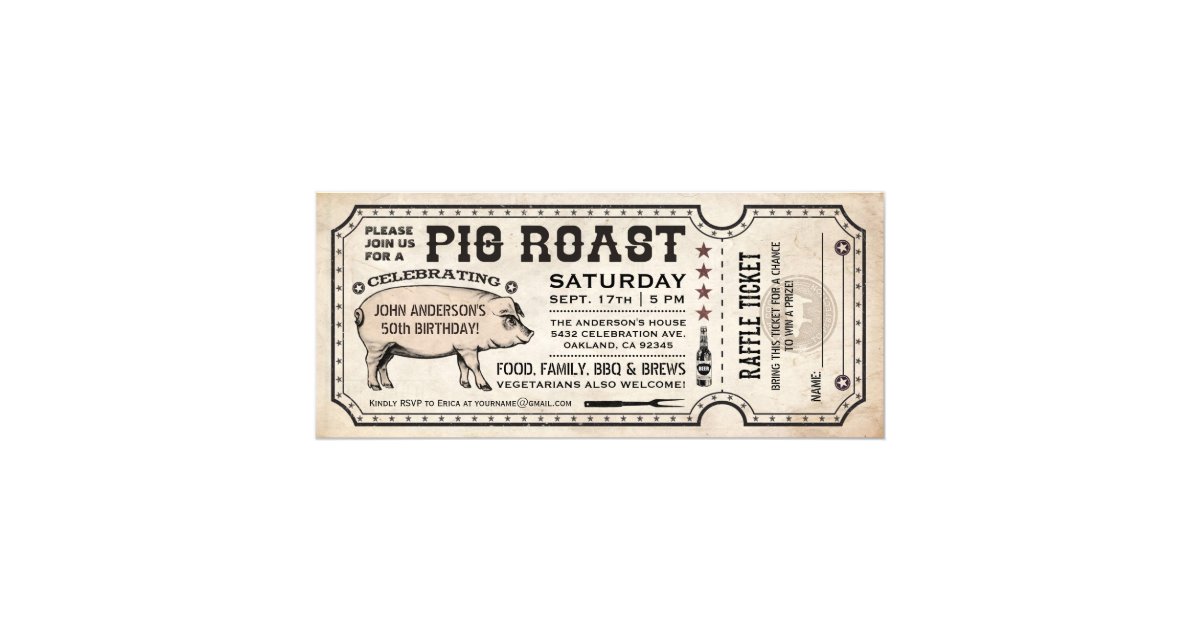 Pig Roast Ticket Invitations with Raffle Ticket v1 | Zazzle.com