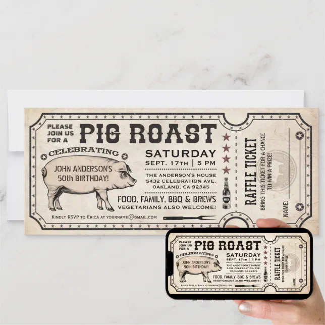 Pig Roast Ticket Invitations with Raffle Ticket v1 | Zazzle