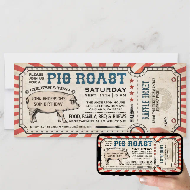 Pig Roast Ticket Invitations with Raffle Ticket v2 | Zazzle