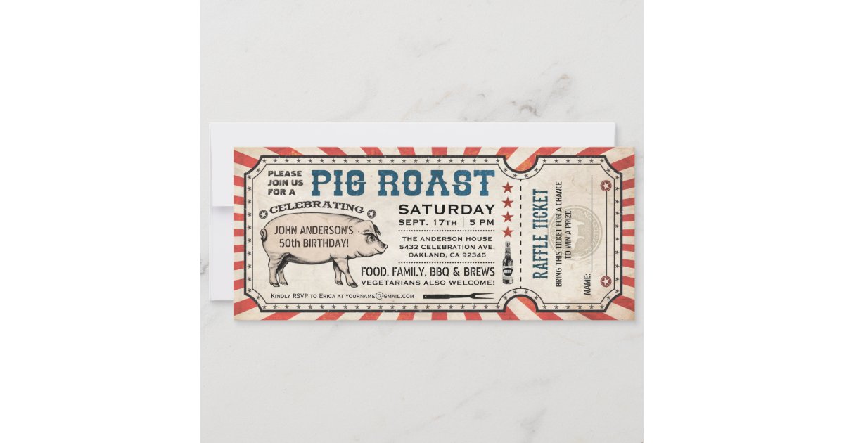 Pig Roast Ticket Invitations with Raffle Ticket v2 | Zazzle