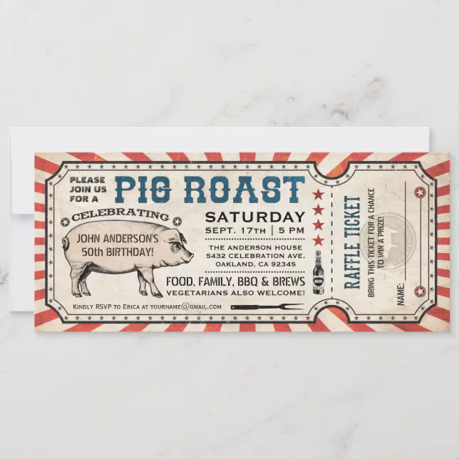 Pig Roast Ticket Invitations with Raffle Ticket v2 | Zazzle