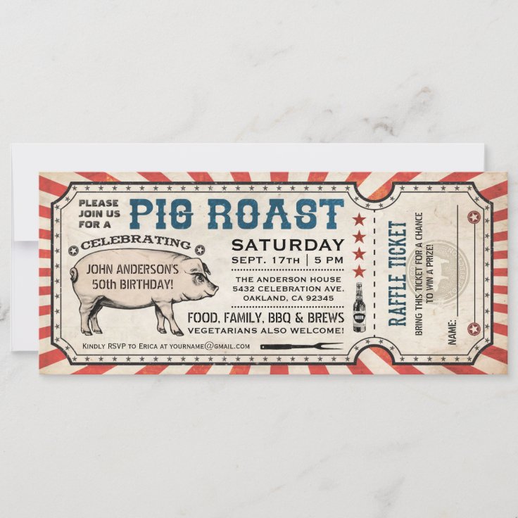 Pig Roast Ticket Invitations with Raffle Ticket v2 | Zazzle