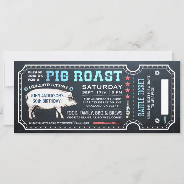 Pig Roast Ticket Invitations with Raffle Ticket v4 | Zazzle