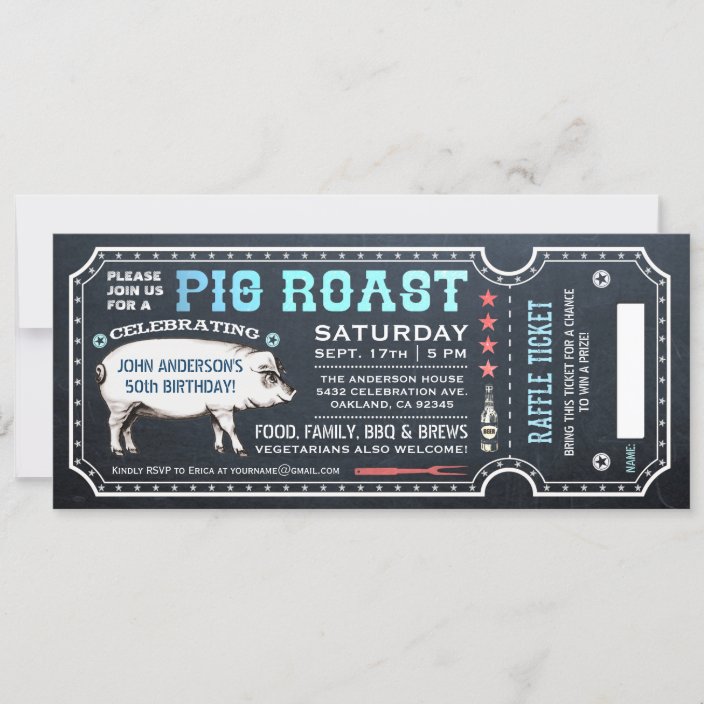 Pig Roast Ticket Invitations with Raffle Ticket v4 | Zazzle.com
