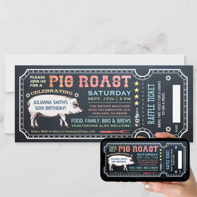 Pig Roast Ticket Invitations with Raffle Ticket v5 | Zazzle