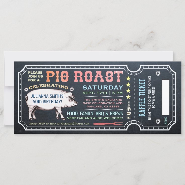 Pig Roast Ticket Invitations with Raffle Ticket v5 | Zazzle