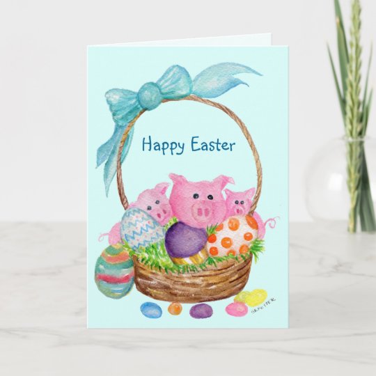 Pigs Happy Easter Card. Pigs, eggs, Easter basket Holiday Card | Zazzle.com