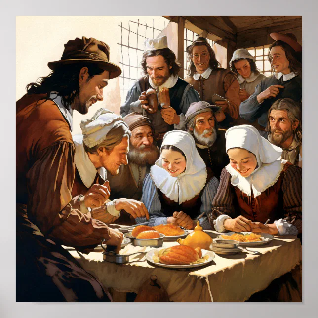 Pilgrims Praying over Thanksgiving Meal Poster | Zazzle