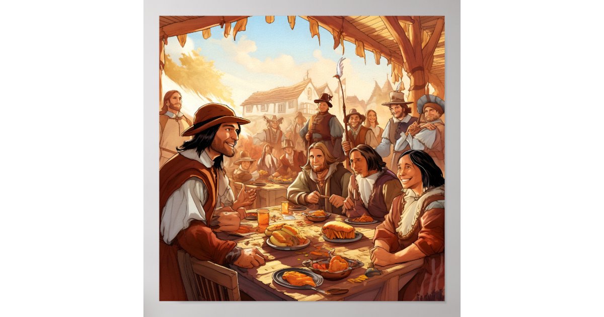 Pilgrims sharing Thanksgiving meal with Friends Poster | Zazzle