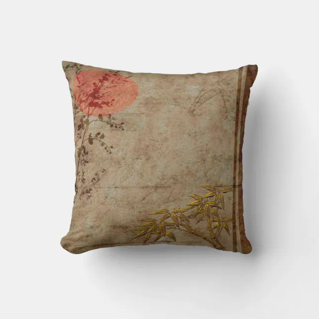 Pillows Asian Rustic Gold Red Bamboo Blossom | Zazzle