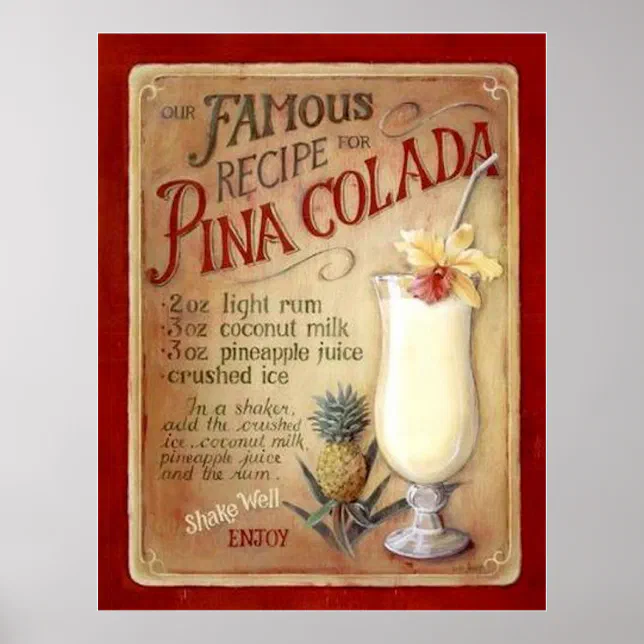 Pina colada recipe poster | Zazzle