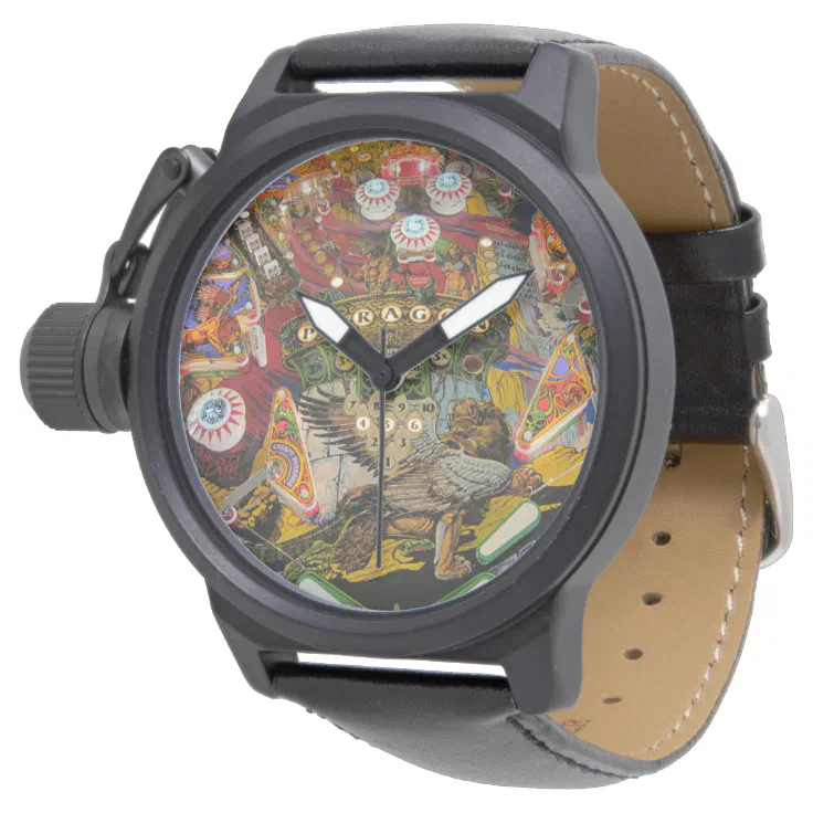pinball face black leather watch | Zazzle