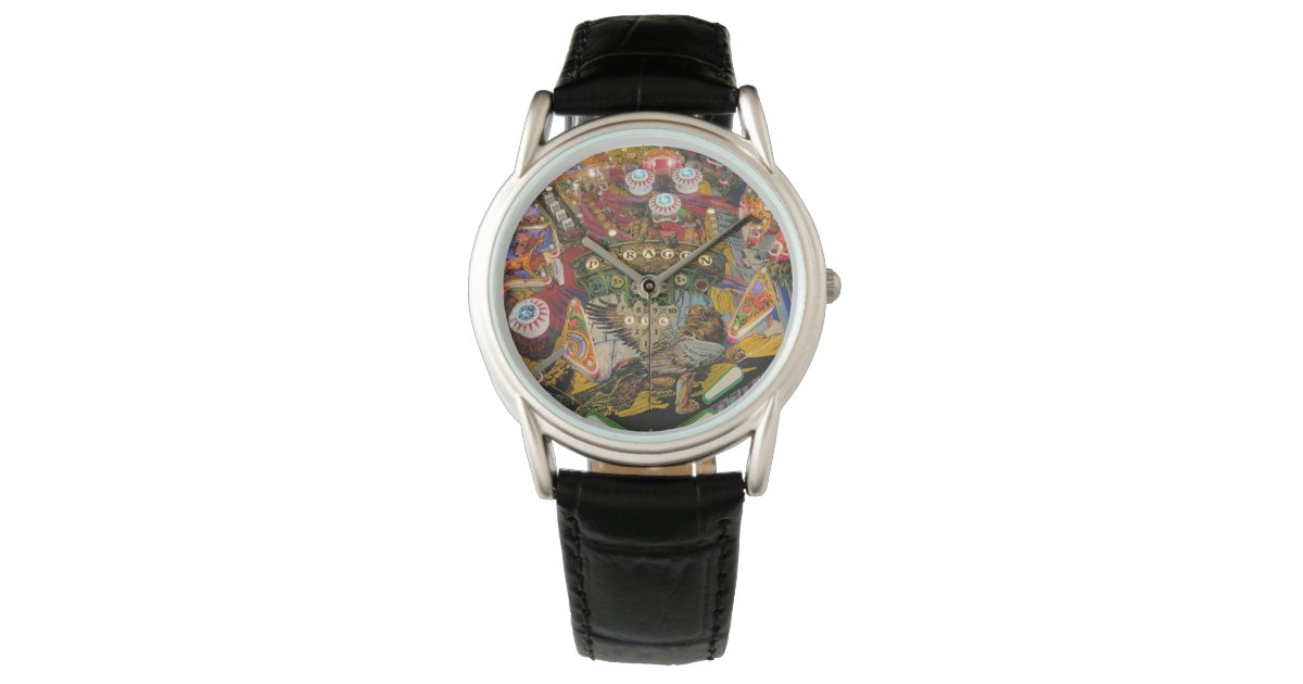 pinball face black leather watch | Zazzle