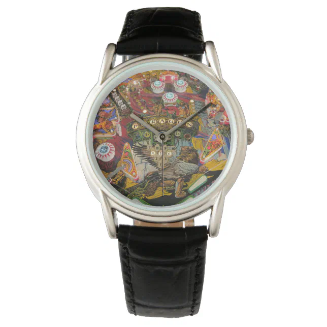 pinball face black leather watch | Zazzle