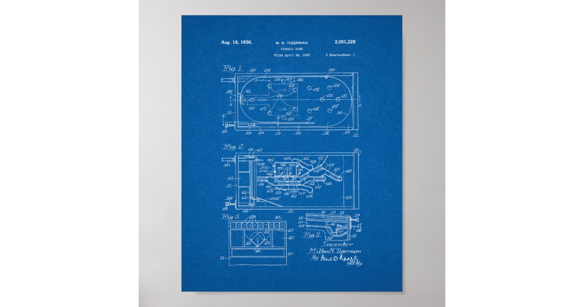 Pinball Game Patent - Blueprint Poster | Zazzle