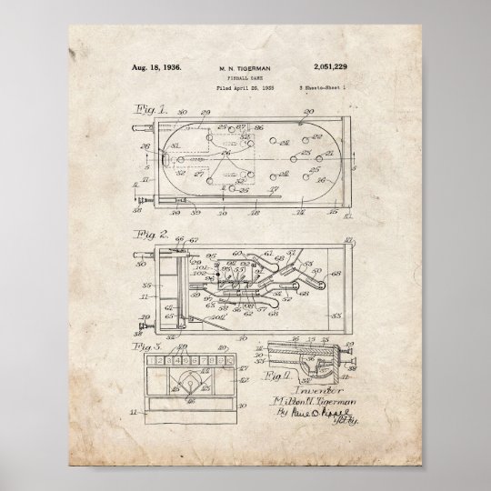 Pinball Game Patent - Old Look Poster | Zazzle.com