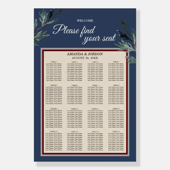 Pine Blue Winter Seating Chart Welcome Sign | Zazzle