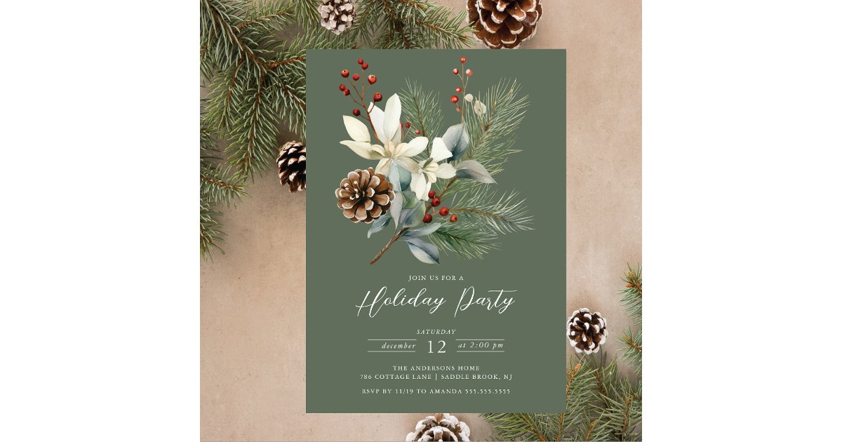 Pine Branch Winter Botanical Holiday Party Invitation | Zazzle