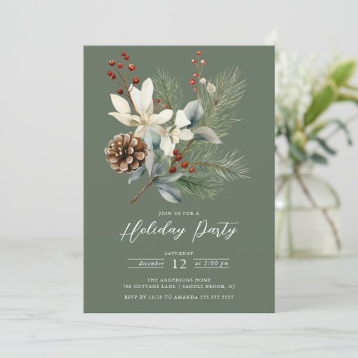 Pine Branch Winter Botanical Holiday Party Invitation | Zazzle