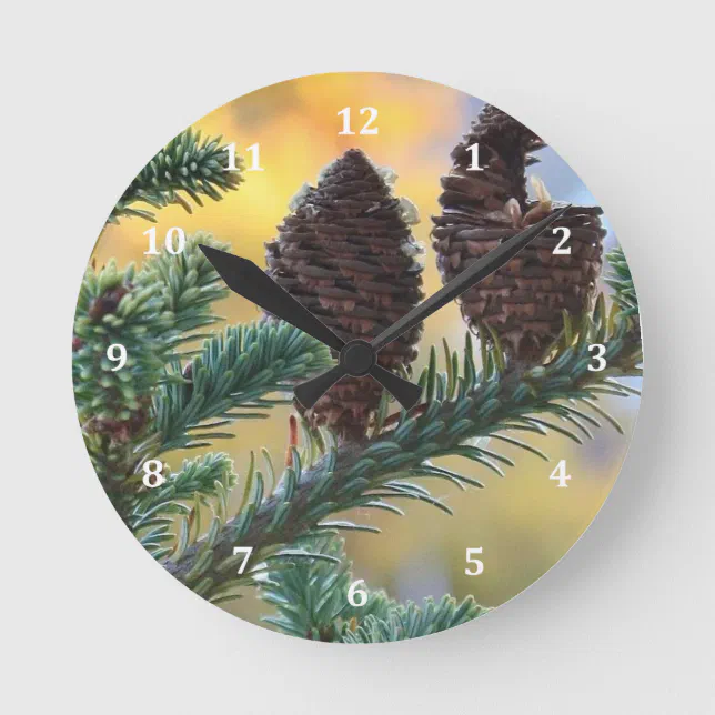 Pine Cones Woodlands Nature Scene Round Clock | Zazzle