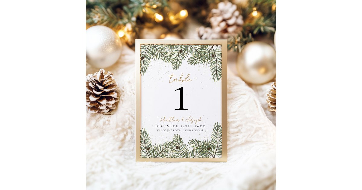 Pine & Gold Christmas Foliage Wedding Table Number | Zazzle