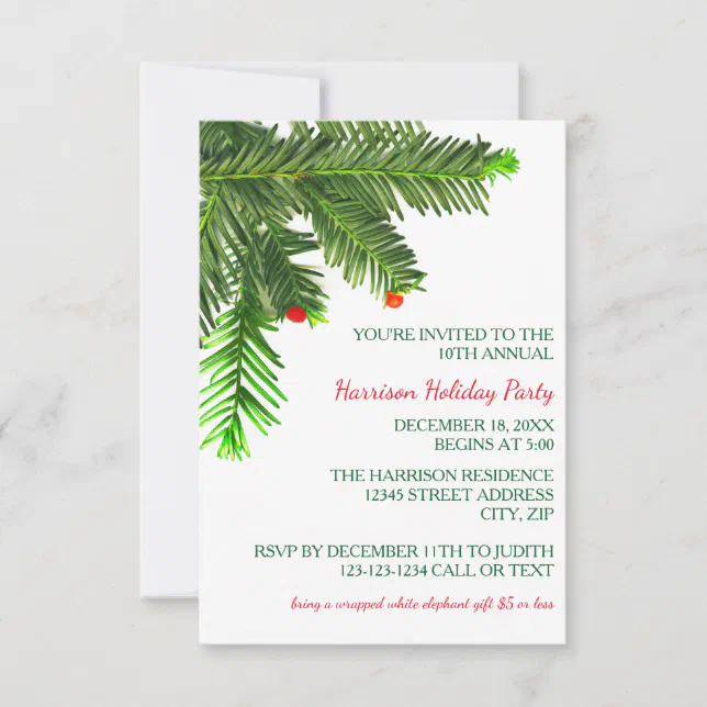 Pine Tree Branch - 3x5 Christmas Party Invitation | Zazzle