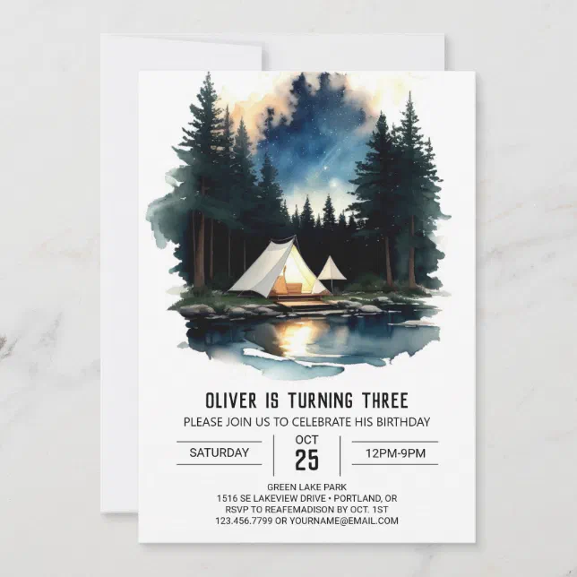 Pine Tree Campfire Birthday Invitation | Zazzle