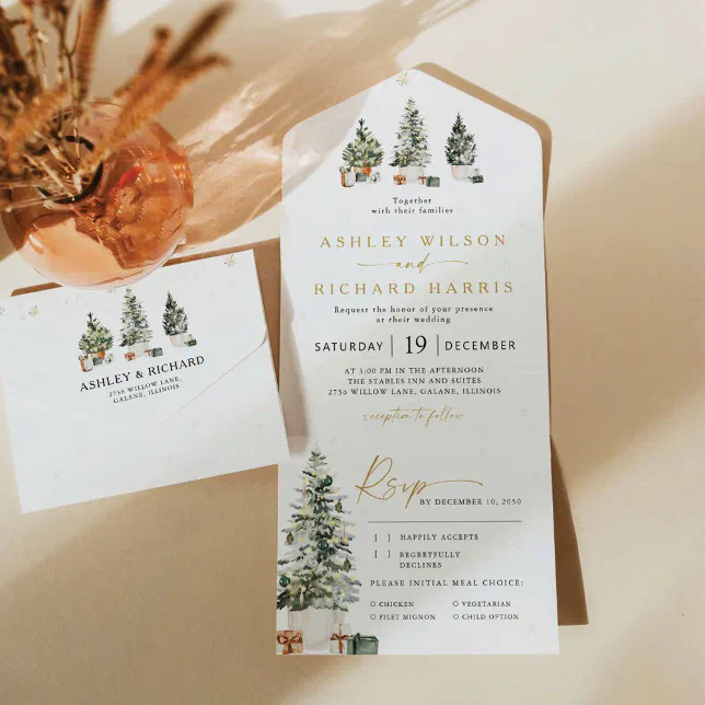 Pine Tree Christmas Wedding All In One Invitation | Zazzle