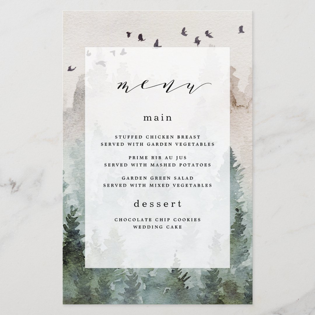Pine Tree Forest Rustic Themed Wedding Menu Cards | Zazzle
