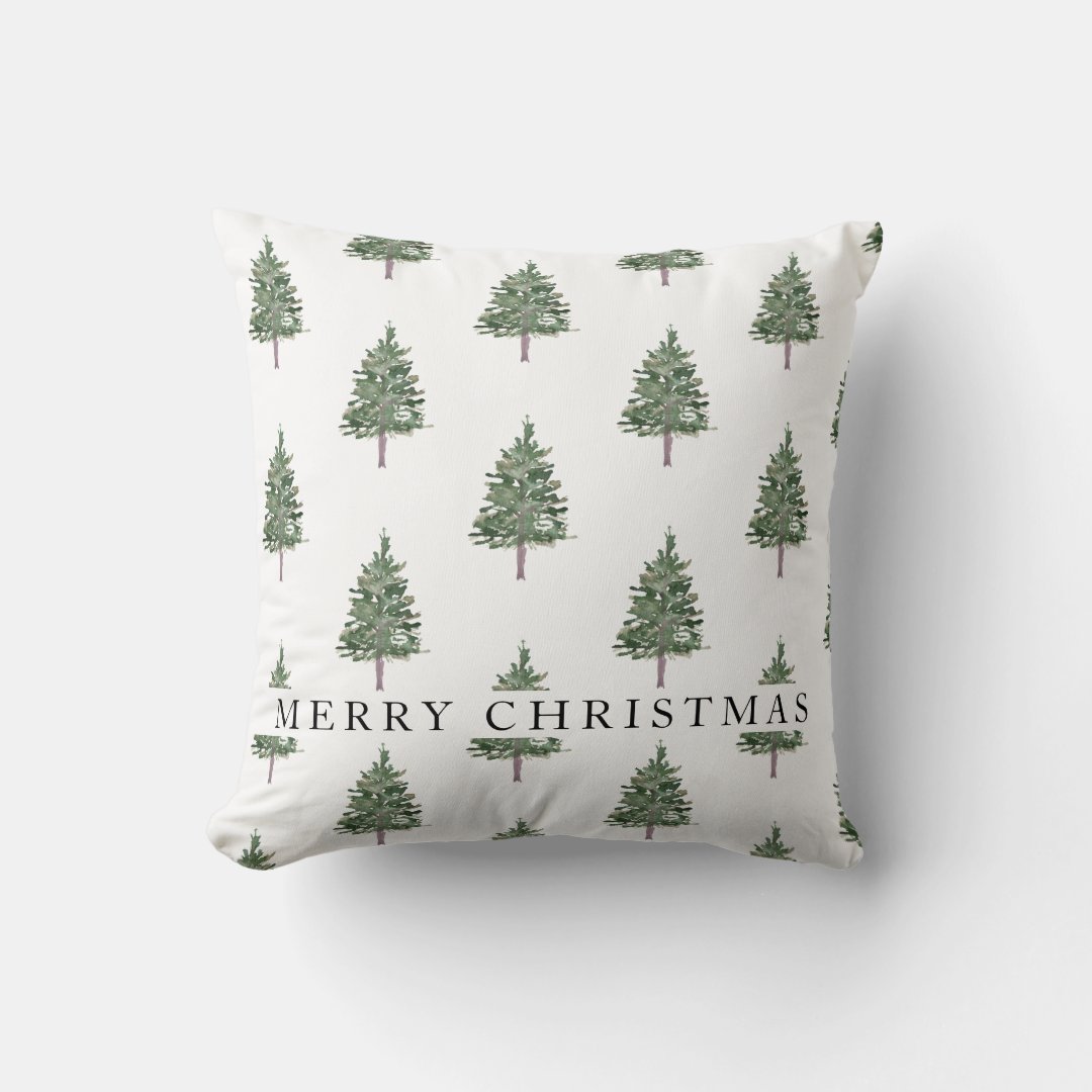 Pine tree Green and white Merry Christmas Throw Pillow | Zazzle