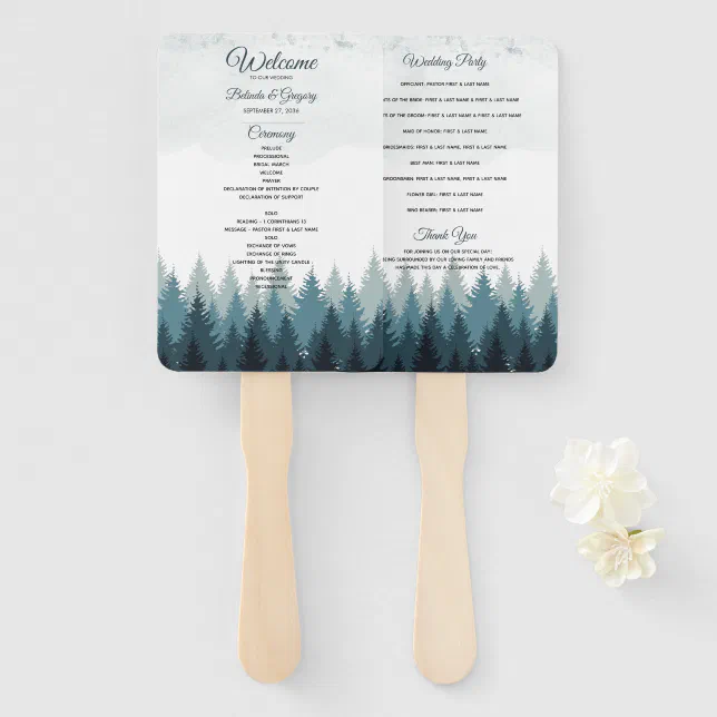 Pine Tree Watercolor Forest Wedding Program Hand Fan | Zazzle