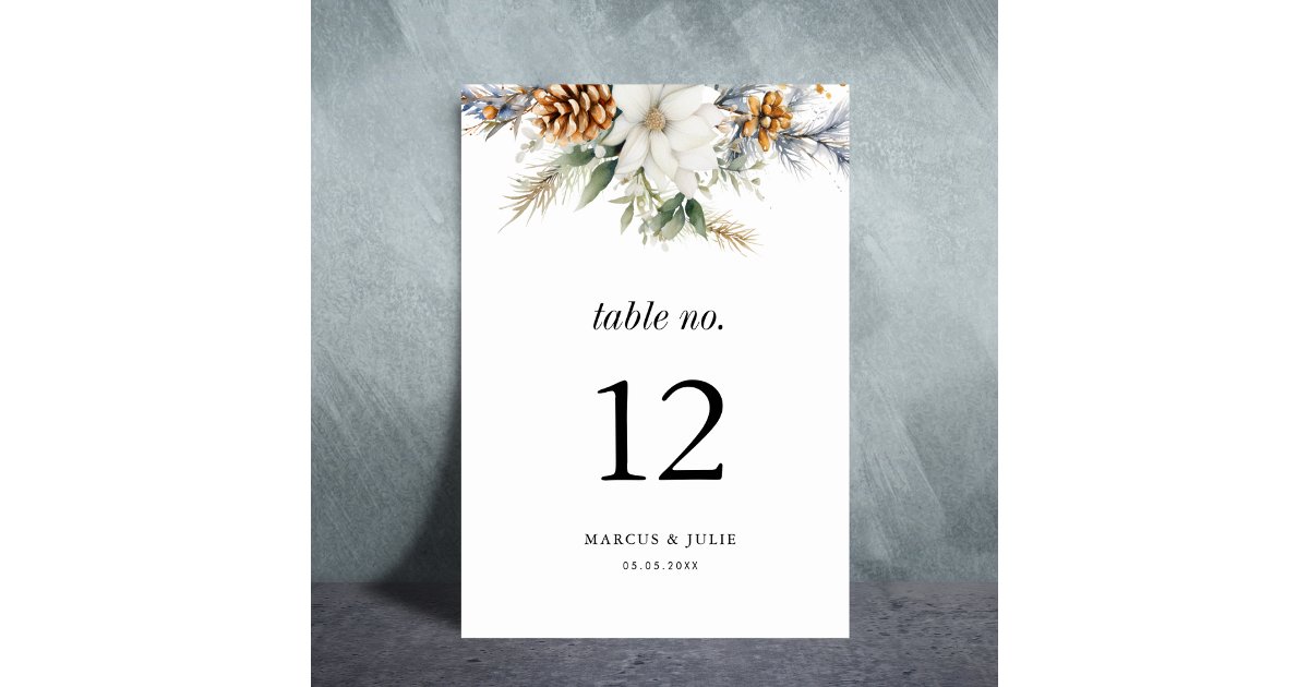 Pine Tree Winter Floral Christmas Wedding Party Table Number | Zazzle
