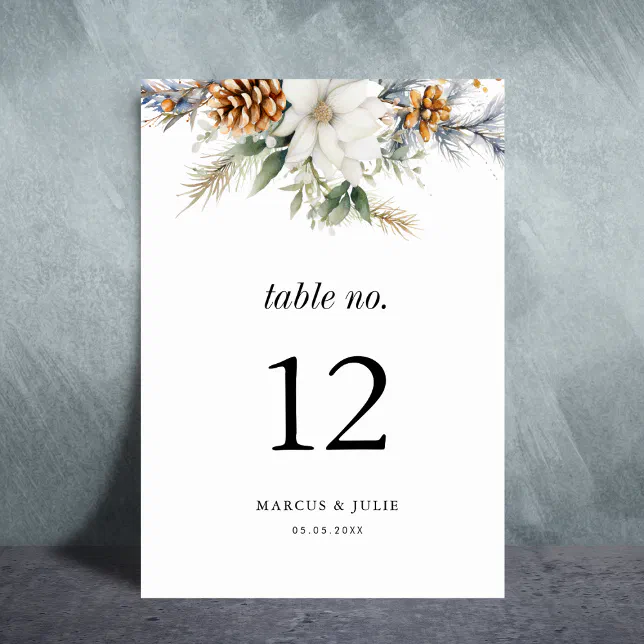 Pine Tree Winter Floral Christmas Wedding Party Table Number | Zazzle