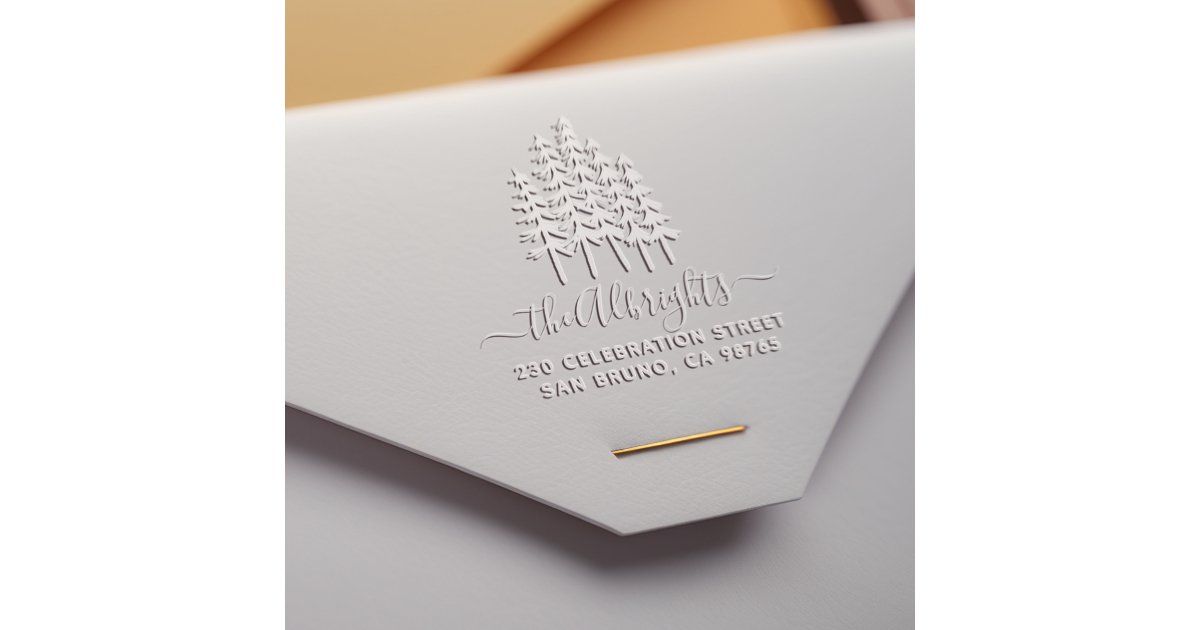 Pine Trees & Family Name Signature Return Address Embosser | Zazzle