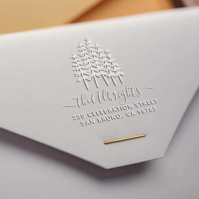 Pine Trees & Family Name Signature Return Address Embosser | Zazzle