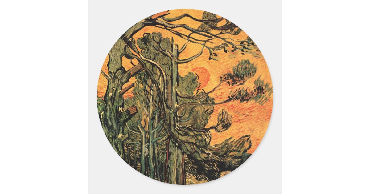 Pine Trees Red Sky Setting Sun by Vincent van Gogh Classic Round ...