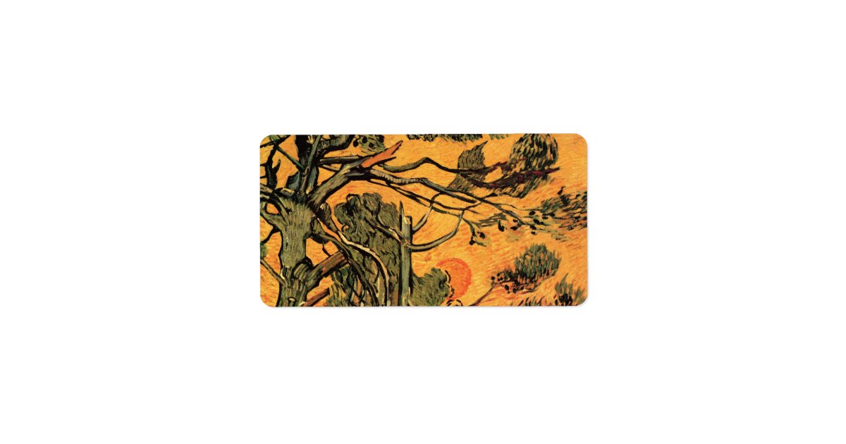 Pine Trees Red Sky Setting Sun by Vincent van Gogh Label | Zazzle