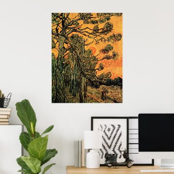 Pine Trees Red Sky Setting Sun by Vincent van Gogh Poster | Zazzle