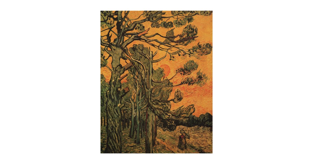 Pine Trees Red Sky Setting Sun by Vincent van Gogh Wood Wall Art | Zazzle