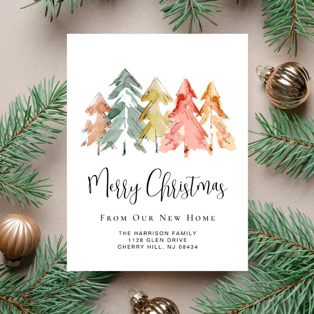 Pine Trees Watercolor New Home Holiday Moving Announcement Postcard ...
