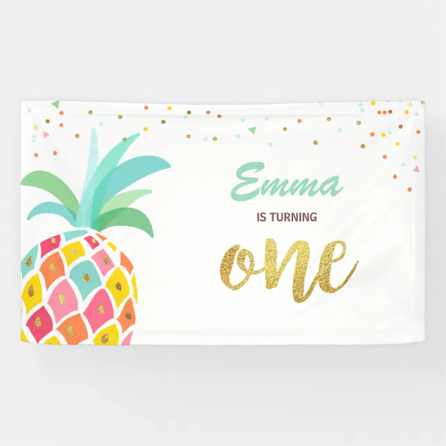 Pineapple birthday banner Tropical Luau Pink Gold | Zazzle