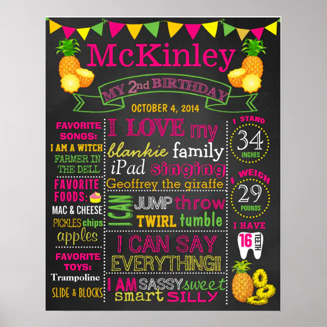 Pineapple Birthday chalkboard sign poster | Zazzle