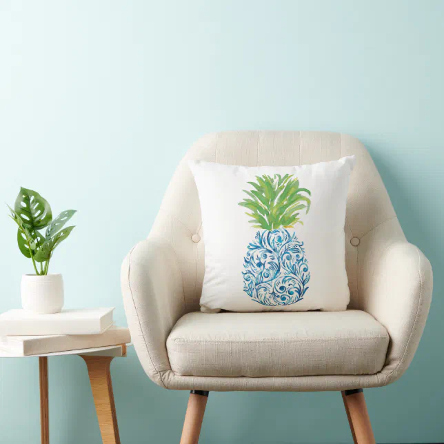 Pineapple Chinoiserie Blue White Preppy Throw Pillow | Zazzle