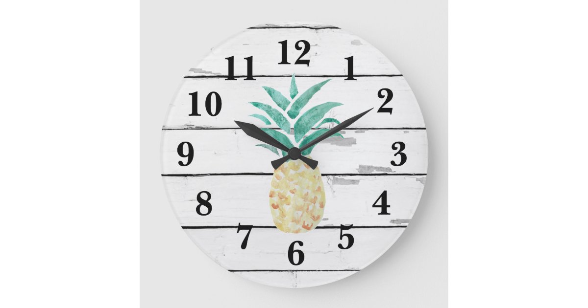 Pineapple Illustration Decor Rustic Shiplap Large Clock | Zazzle